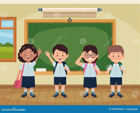 Four Students Sitting In Classroom Cartoon Vector