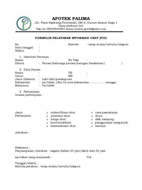 Formulir Pelayanan Informasi Obat Pdf