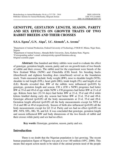 Pdf Genotype Gestation Length Season Parity And Sex Effects On Growth Traits Of Two Rabbit