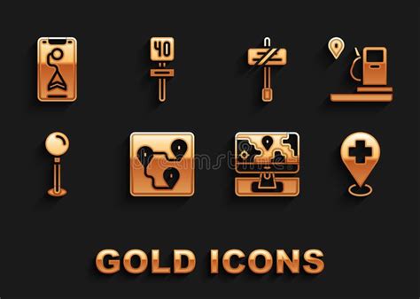 Set Route Location Location And Gas Station Medical With Cross Monitor Marker Push Pin Road