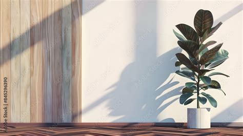 White Cladding Panel Wall With Rubber Tree Plant Wood Floor Interior