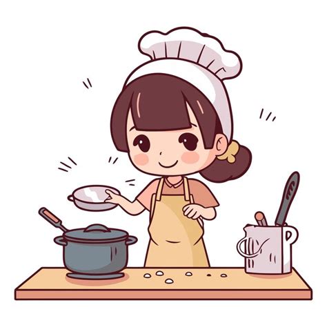 Illustration Of A Cute Girl Cooking In The Kitchen With A Pot Premium