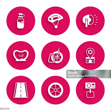 자전거 주차장 바퀴 액션 익스트림 카메라 수리 서비스 차선 펑크 난 타이어 헤드 램프 및 물 아이콘이 있는 스포츠 병을 설정합니다 벡터 거리에 대한 스톡 벡터 아트 및 기타