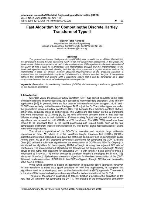 Fast Algorithm For Computing The Discrete Hartley Transform Of Type Ii Pdf