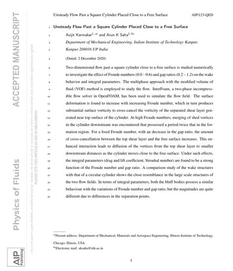 Pdf Unsteady Flow Past A Square Cylinder Placed Close To A Free Surface