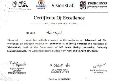 Achieved Excellence In A 5 Day Advanced Iot Workshop Organized As Part Of Technex24 At Iit Bhu