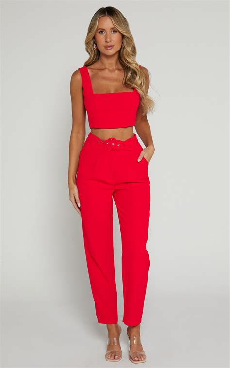 Reyna Two Piece Set Crop Top And Tailored Pants Set In Red Showpo