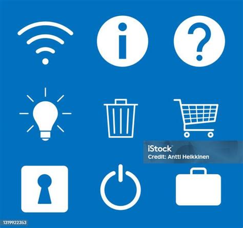 웹 응용 프로그램 인터페이스 아이콘 컬렉션입니다 인터넷 페이지 및 웹 사이트 벡터 기호 집합입니다 와이파이 정보 물음표 전구 쓰레기통 및 장바구니 버튼 기호 열쇠 구멍 전원