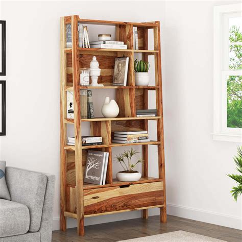 Alta Rustic Solid Wood 10 Open Shelf Leaning Ladder Bookcase W Drawer
