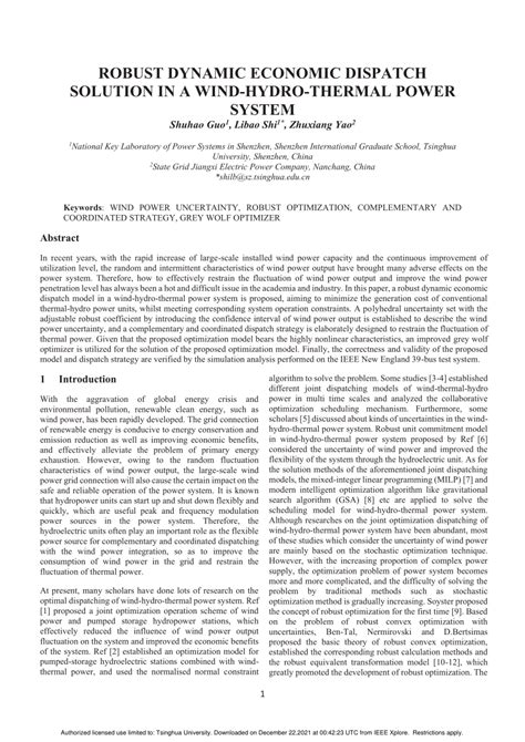 Pdf Robust Dynamic Economic Dispatch Solution In A Wind Hydro Thermal Power System