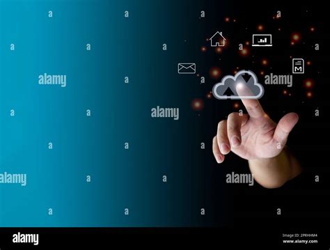 Human Finger Pointing At The Cloud Show Global Data Transfer With Cloud Computing Global