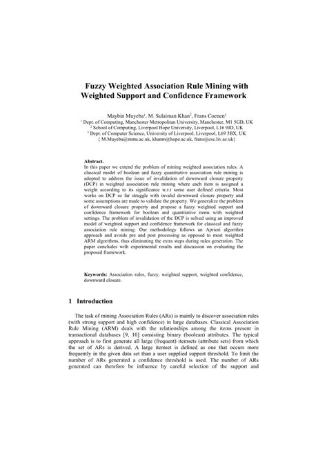 Pdf Fuzzy Weighted Association Rule Mining With Weighted Support And Confidence Framework