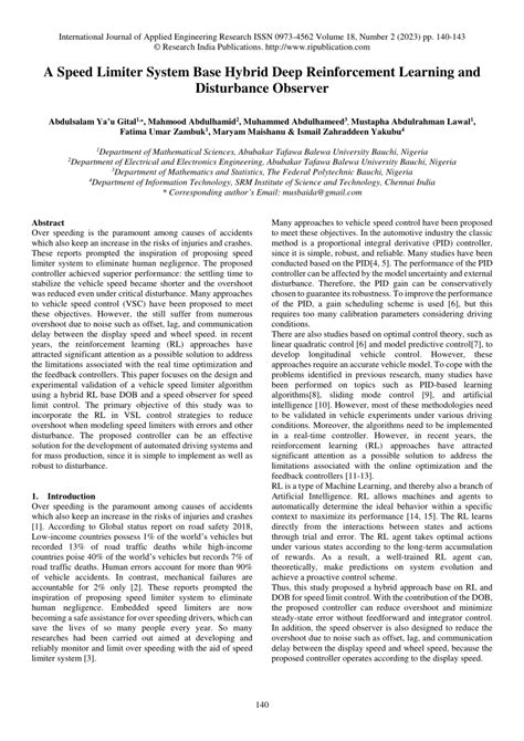 Pdf A Speed Limiter System Base Hybrid Deep Reinforcement Learning And Disturbance Observer