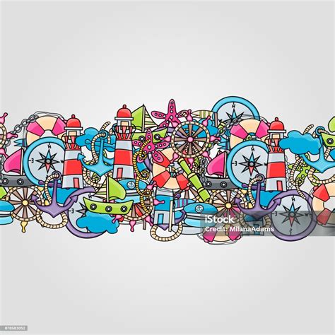 바다 항해 테마 개체와 벡터 일러스트 배경입니다 해양 카드 개념에 대한 스톡 벡터 아트 및 기타 이미지 개념 개체 그룹 껍데기 Istock