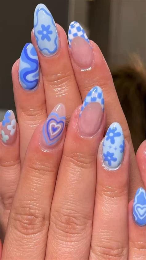 Blue Summer Nails Gel Acrylic Nails Blue Swirl Designs Checkered Nails