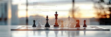 Chess Pieces Standing On Chessboard During Sunset With Programming Code In Background Stock