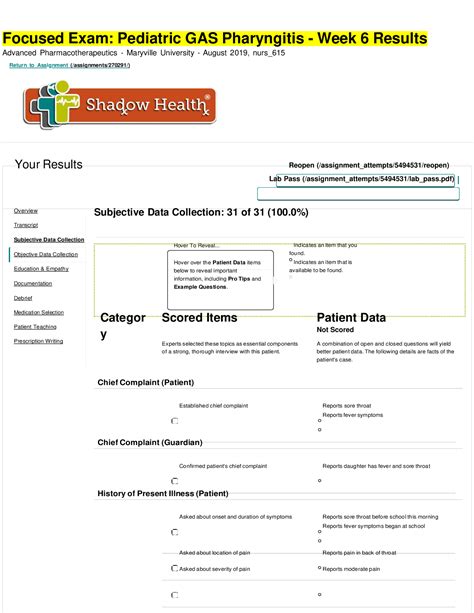 Nurs 615 Week 6 Pediatric Gas Pharyngitis Exam Score 100