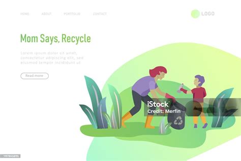 환경 오염을 줄이기 위해 분리를 위해 다른 컨테이너에 분류 쓰레기를 재활용하는 방문 페이지 템플릿입니다 아이들과 함께 가족은 쓰레기를 수집합니다 지구의 날 벡터 만화
