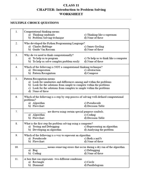 Class 11 Problem Solving Worksheet Pdf Algorithms Mathematics