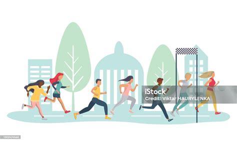 도시 도로에서 마라톤 거리를 조깅하는 남성과 여성 다른 국적의 사람들을위한 스포츠 대회 실행 달리기 챔피언십 흰색 배경에 격리 된 만화 벡터 그림 마라톤에 대한 스톡 벡터