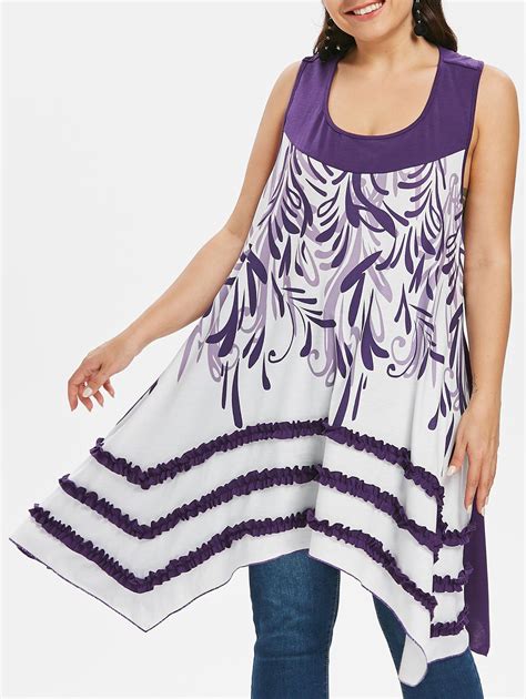 Plus Size Flounced Panel Cutout Crescent Hem Tank Top Plus Size Outfits Printed Cotton Dress