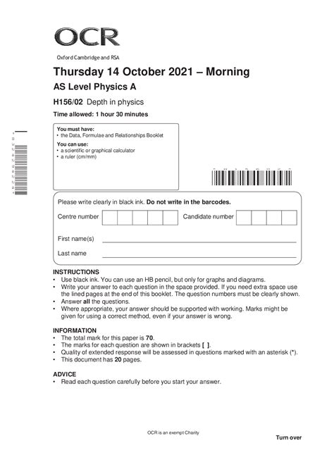Interchange AS Level Physics A H156 02 Depth In Physics QP October 2021 Scholarfriends