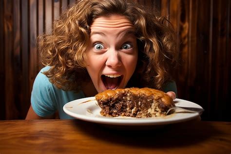 Premium Photo Woman Enjoying A Slice Of Classic Lemon Meringue Pie