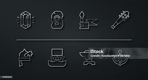 세트 라인 보석 뿔 달린 헬멧을 쓴 바이킹 스파이크가 달린 철퇴 대장장이를 위한 모루 배 드라카 마법 룬 닻 및 중세 창 아이콘 벡터 검은색에 대한 스톡 벡터 아트 및 기타