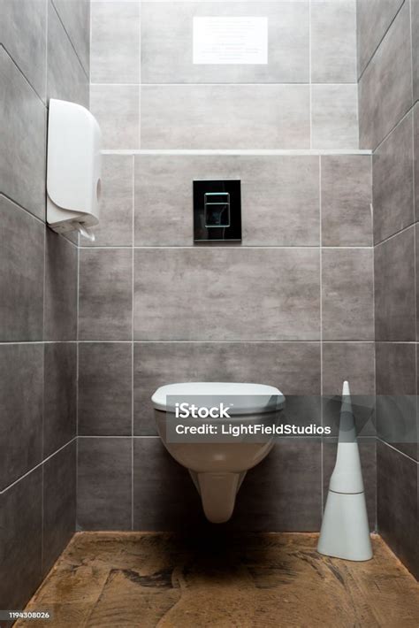 화장실 브러쉬 근처 화장실 그릇 회색 현대 화장실의 내부 0명에 대한 스톡 사진 및 기타 이미지 0명 가정의 방 도예 Istock