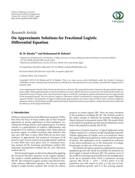 Pdf On Approximate Solutions For Fractional Logistic Differential Equation