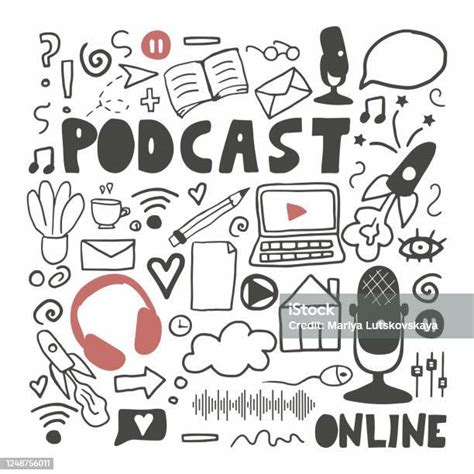 필기 글자 그림과 팟 캐스트 낙서 그림 온라인 교육 개념 흰색 배경에서 격리된 텍스트 및 팟캐스트 기호입니다 브로드캐스트