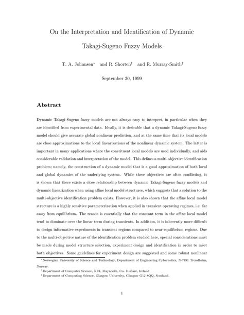 Pdf On The Interpretation And Identification Of Dynamic Takagi Sugeno Fuzzy Models