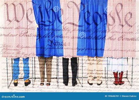 The Usa Constitution Superimposed Over A Row Of Five Voting Booths With Men And Women Casting