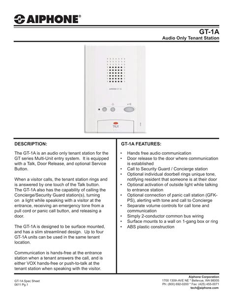 Aiphone Gt 1a L Gt Series Open Voice Audio Tenant Station