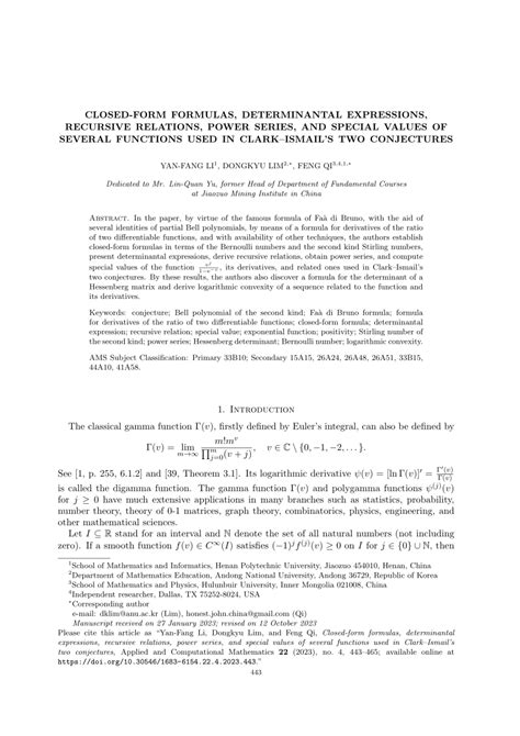 Pdf Closed Form Formulas Determinantal Expressions Recursive Relations Power Series And