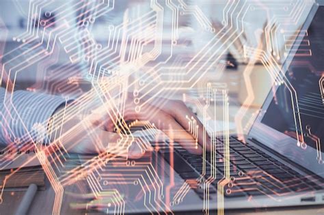 Premium Photo Technology Theme Hologram With Man Working On Computer