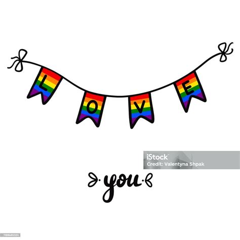 사랑의 선언 흰색 배경에 비문 사랑과 무지개 밝은 깃발의 화환 게이 프라이드 상징에 대한 스톡 벡터 아트 및 기타 이미지