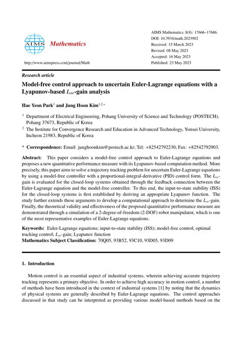 Pdf Model Free Control Approach To Uncertain Euler Lagrange Equations With A Lyapunov Based