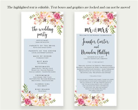 Wedding Program Editable Template Program Printable Ceremony Etsy