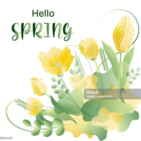 봄 카드 초대장 포스터 인사말 손 그림 비문이 있는 축제 배경 섬세한 튤립 필드 허브 및 장식으로 장식되어 있습니다 안녕하세요 봄 결혼 의식에 대한 스톡 벡터 아트 및 기타