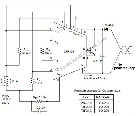 Pt RTD Current Loop Transmitter Using XTR Electronic Circuit Diagram