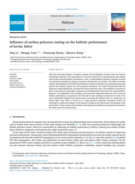Pdf Influence Of Surface Polyurea Coating On The Ballistic Performance Of Kevlar Fabric