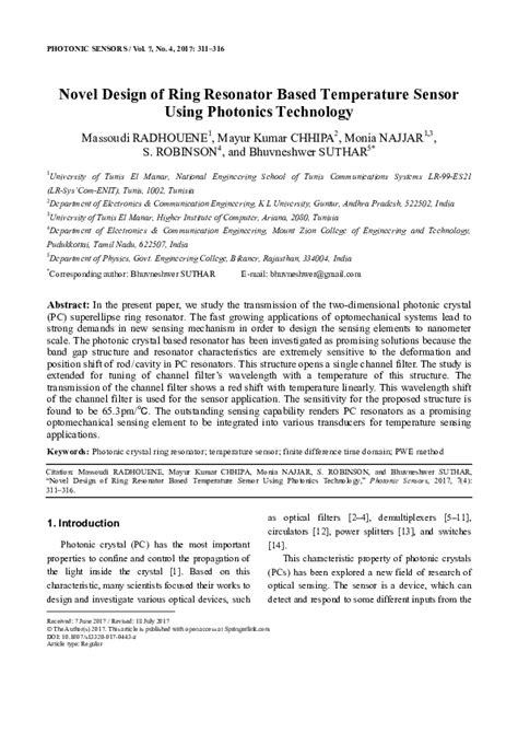 Pdf Novel Design Of Ring Resonator Based Temperature Sensor Using Photonics Technology