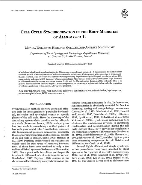 PDF Cell Cycle Synchronization In The Root Meristem Of Allium Cepa L