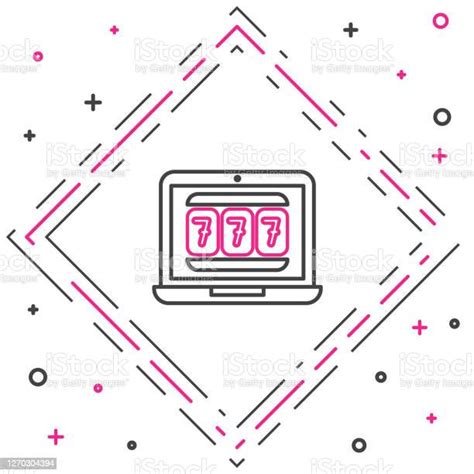 흰색 배경에 고립 된 행운의 일곱 잭팟 아이콘라인 노트북과 슬롯 머신 온라인 카지노 다채로운 개요 개념 벡터 일러스트레이션 슬롯머신에 대한 스톡 벡터 아트 및 기타 이미지
