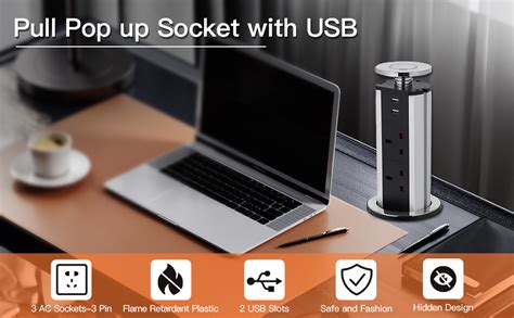 Kitchen Pull Pop Up Sockets For Worktop Desktop With 3 Power Sockets Plug 2 Usb Ports Chrome
