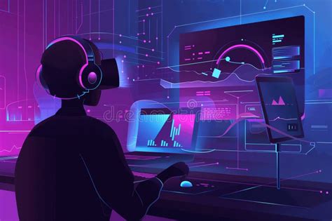 gamer with headphones and virtual reality headset in futuristic gaming