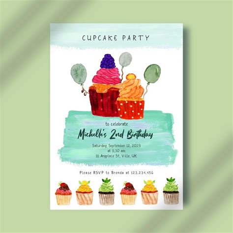 귀여운 컵케익 생일 초대장 템플릿 디자인 프리미엄 벡터