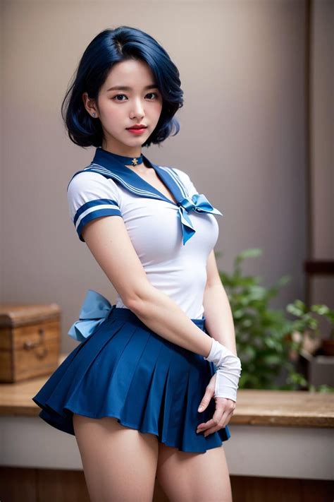 Ai로 생성한 세일러문 세일러 머큐리 미즈노 아미 코스프레 실사 이미지 만들기 아름다운 여성 예쁜 애니메이션 소녀 여성 패션