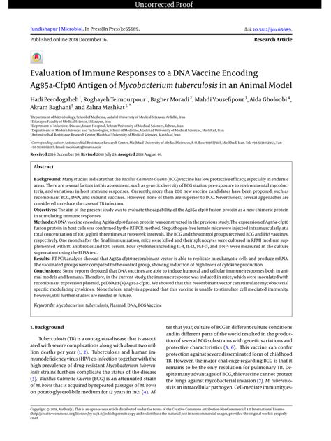 Pdf Evaluation Of Immune Responses To A Dna Vaccine Encoding Ag85a